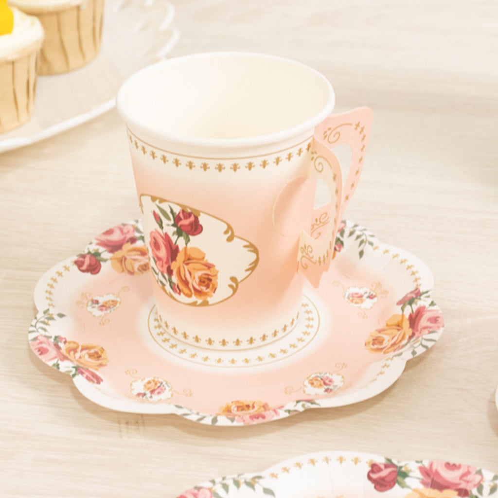 Set of 25 Floral Paper Cup & Saucers Set Dusty Rose | TableclothsFactory