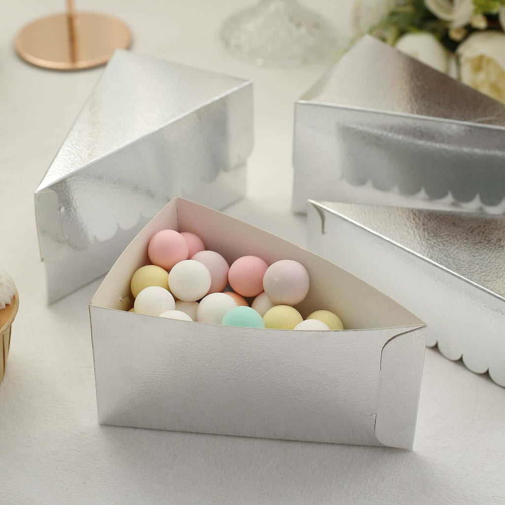 Paper Triangle Cake Slice Boxes 5"x3" Metallic Silver | TableclothsFactory