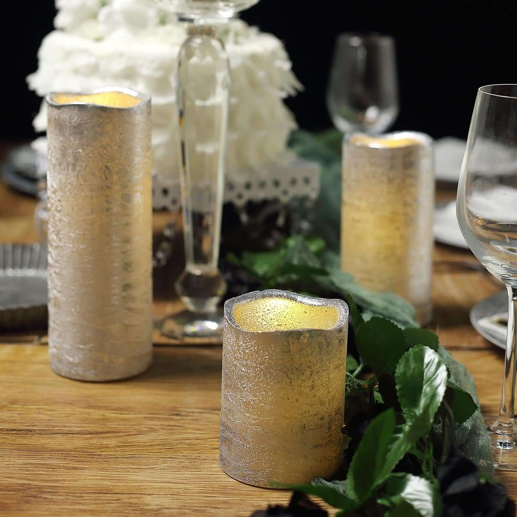 LED Pillar Candles Metallic Silver 4", 6", 8" | TableclothsFactory