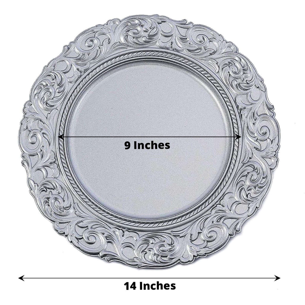 Silver Vintage Baroque Charger Plates | TableclothsFactory