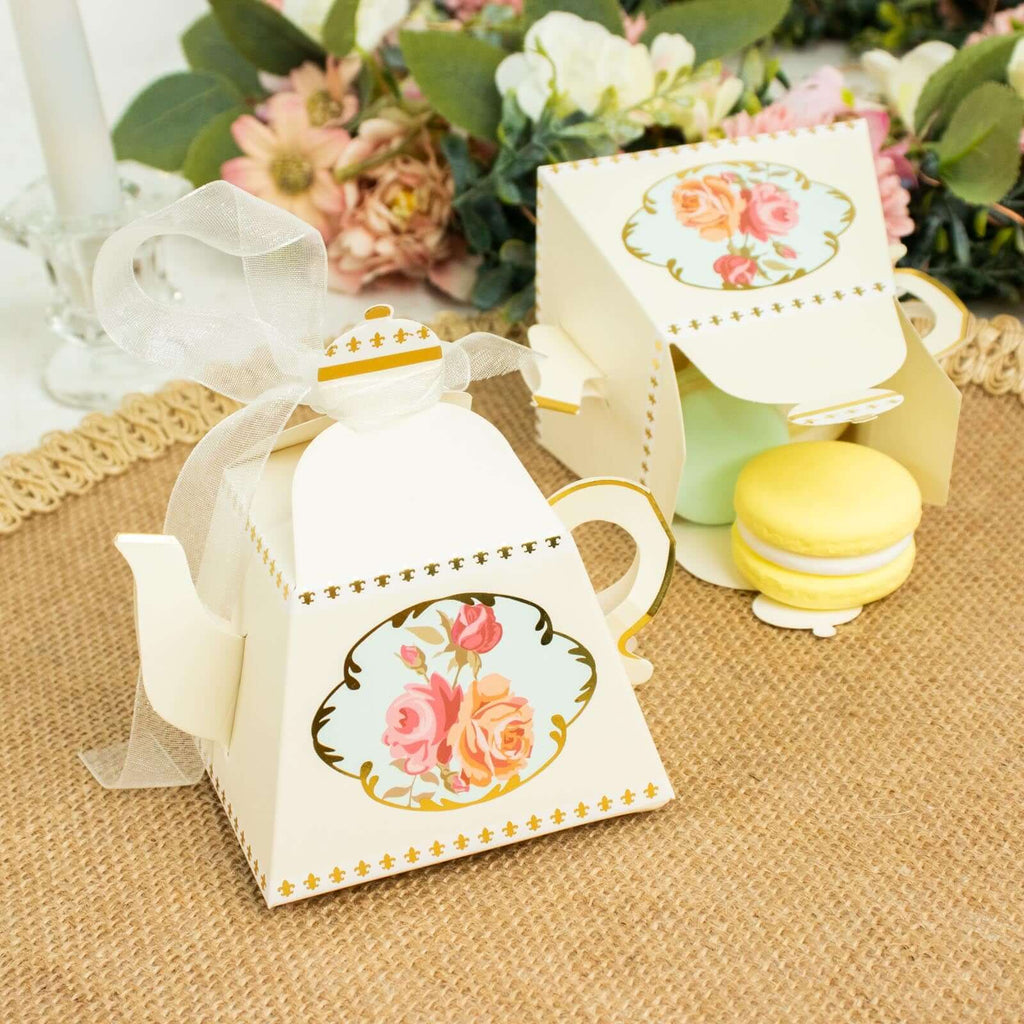Ivory Mini Teapot Favor Boxes 25 Pack | TableclothsFactory