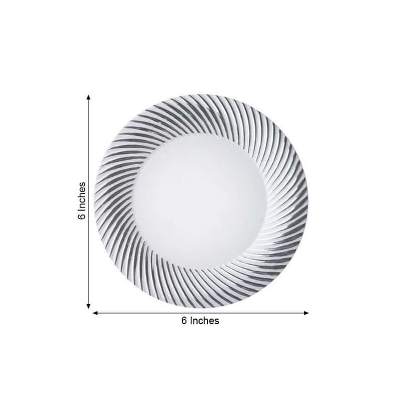 Plastic Dessert Plates 6" White/Silver Swirl Rim | TableclothsFactory
