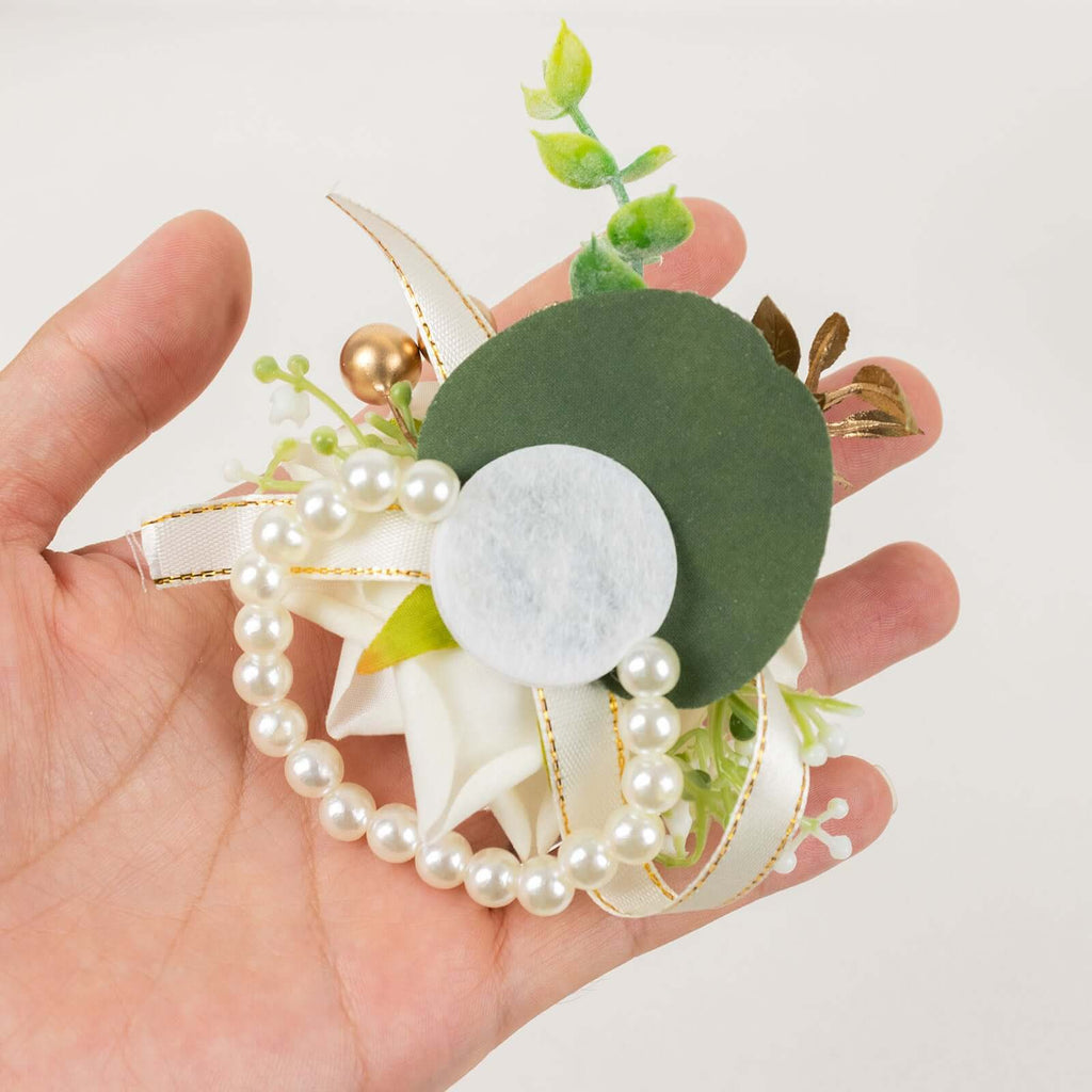 White Artificial Rose Wrist Corsages 2 Pack | TableclothsFactory