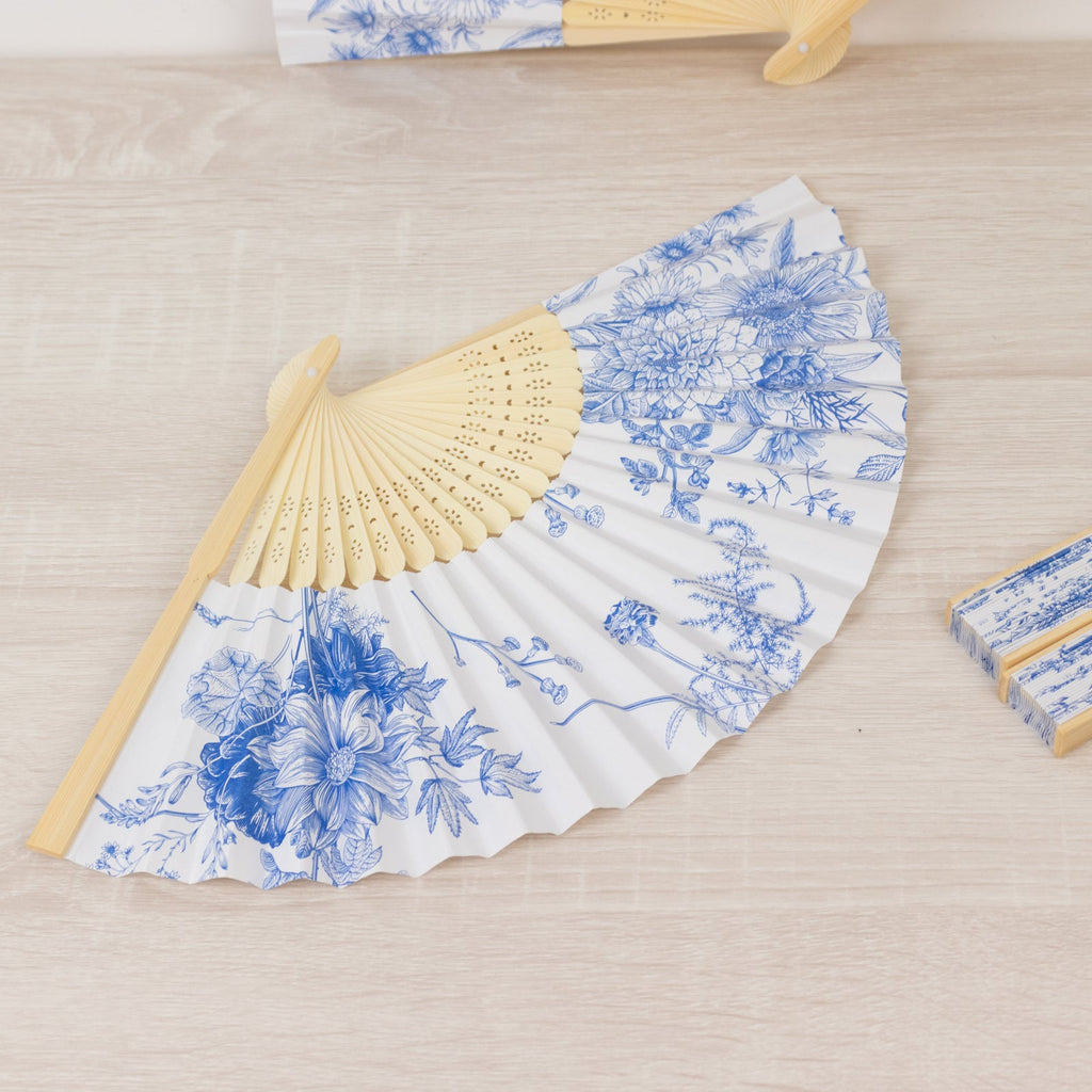 Floral Paper Folding Fans White & Blue | TableclothsFactory