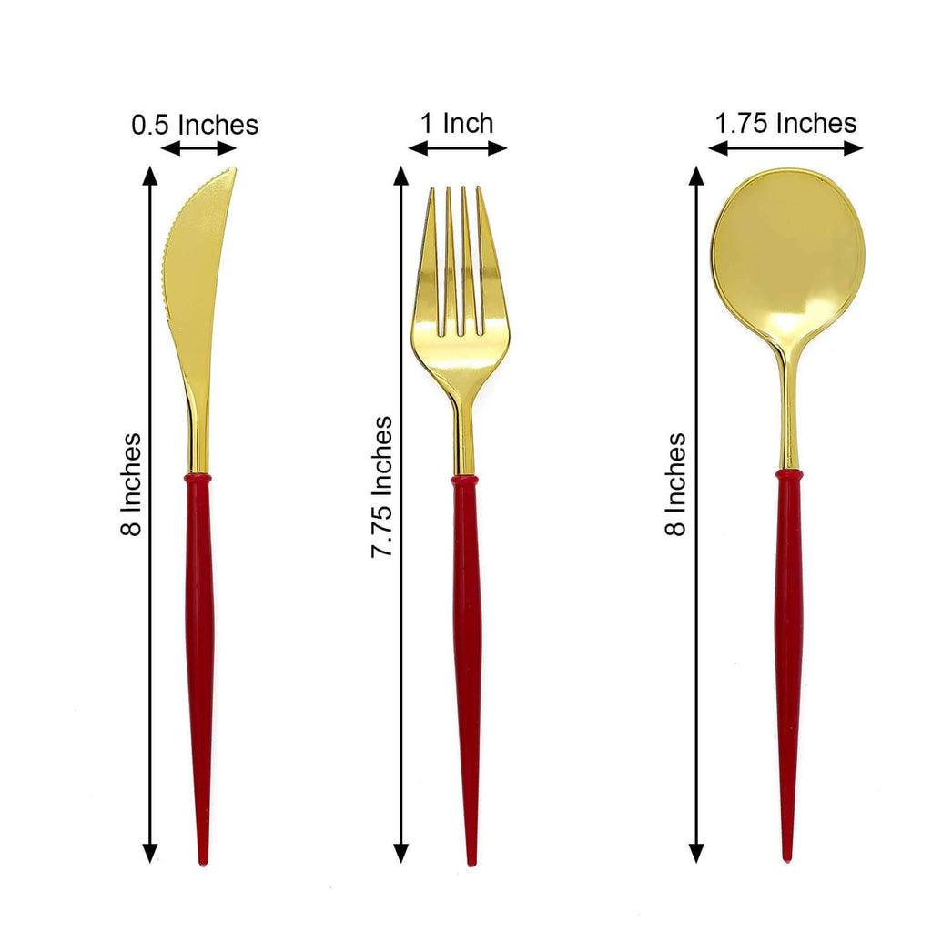 Plastic Flatware Set 8" Metallic Gold with Red Handle | TableclothsFactory
