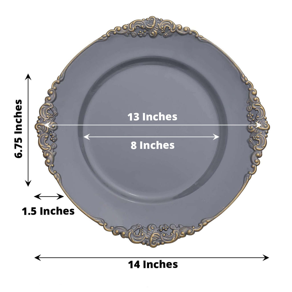 Charcoal Gray Gold Baroque Charger Plates | TableclothsFactory