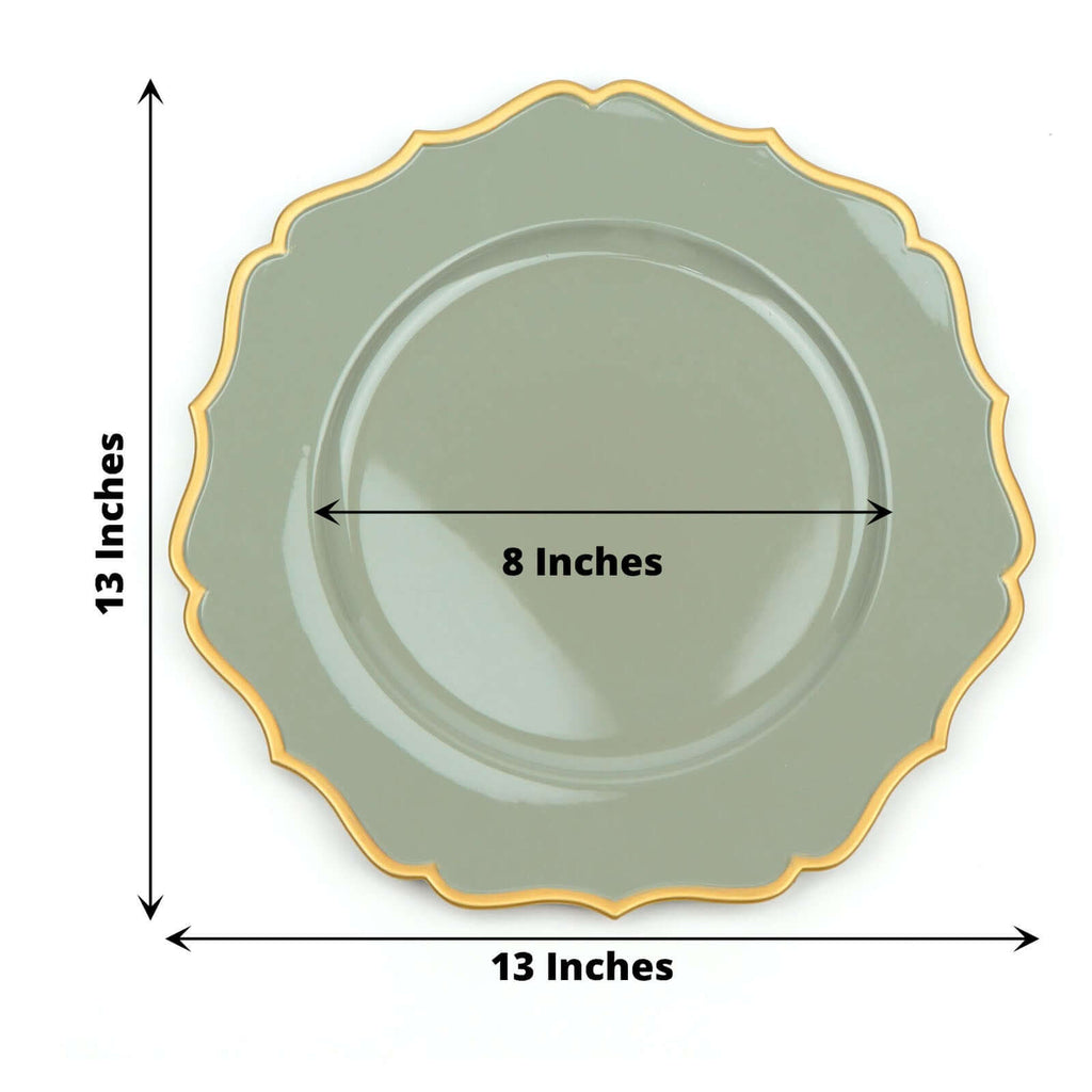 Dusty Sage Green/Gold Scalloped Rim Charger Plates | TableclothsFactory
