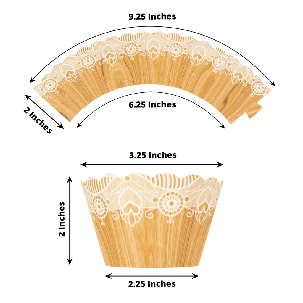 Paper Cupcake Wrappers Wood Grain & Lace Print | TableclothsFactory