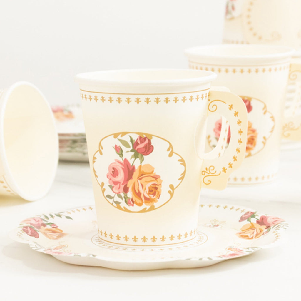 Set of 25 Floral Paper Cup & Saucers Set Ivory | TableclothsFactory