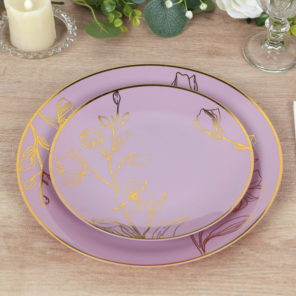 Floral Plastic Round Plates Set Lavender/Gold 8", 10" | TableclothsFactory