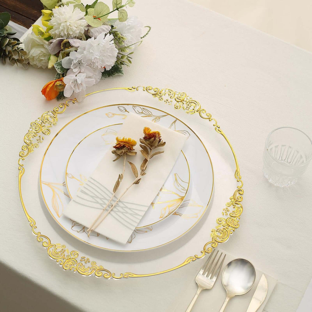 Floral Plastic Round Plates Set White/Gold 8", 10" | TableclothsFactory