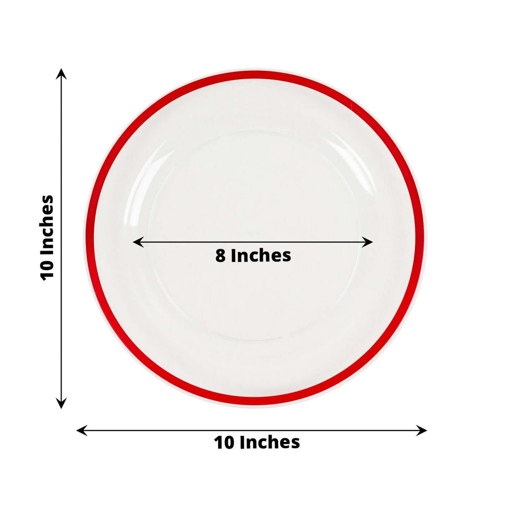 Plastic 10" Round Dinner Plates Clear/Red Rim | TableclothsFactory