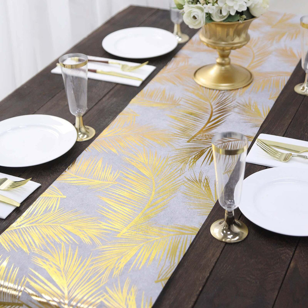 Disposable Table Runner 108" Gold Palm Leaves | TableclothsFactory