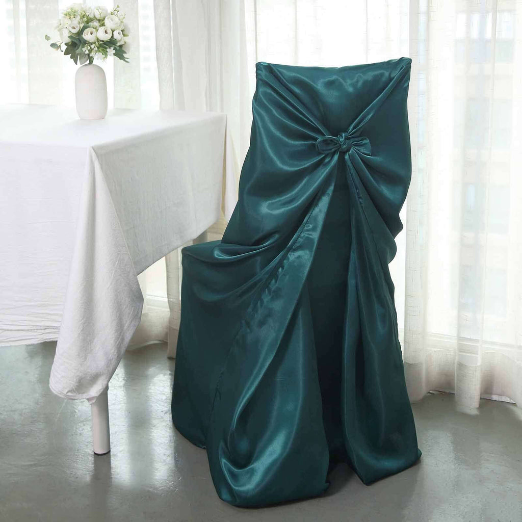 Satin Universal Chair Cover Peacock Teal | TableclothsFactory