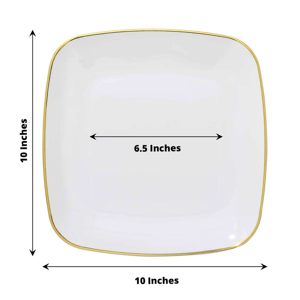 Plastic 10" Square Dinner Plates White/Gold Rim | TableclothsFactory