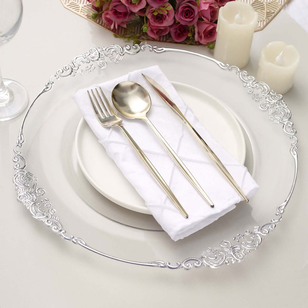 Clear Silver Baroque Charger Plates | TableclothsFactory