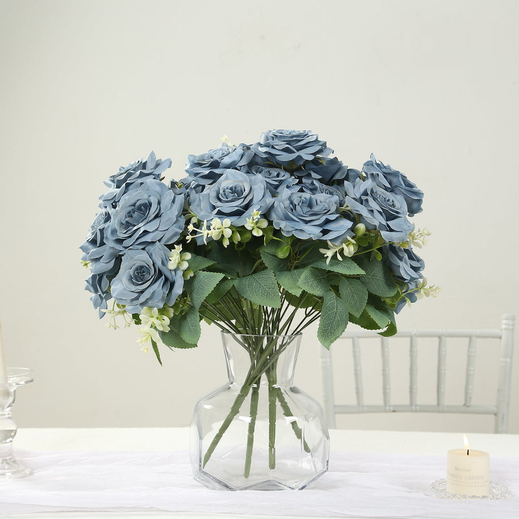 Dusty Blue Artificial Rose Bouquet 18" | TableclothsFactory