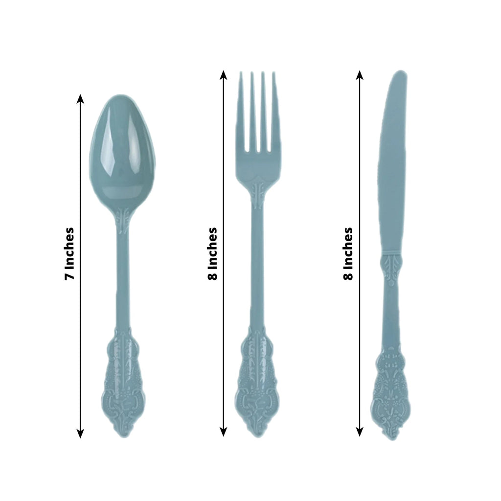 72 Pcs Plastic Silverware Set in Baroque Style Dusty Blue - Heavy Duty