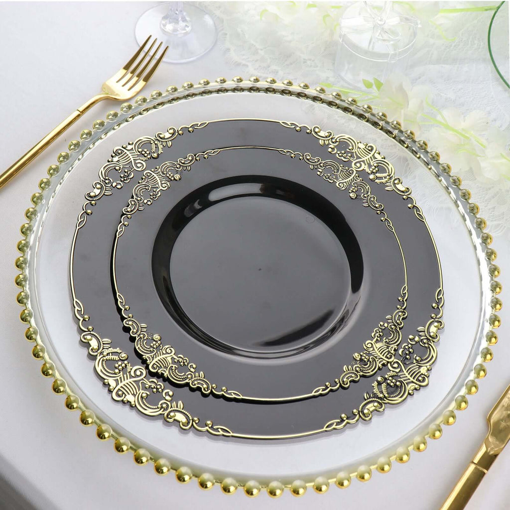 Leaf Embossed Rim Plastic 8" Salad Plates Black/Gold | TableclothsFactory