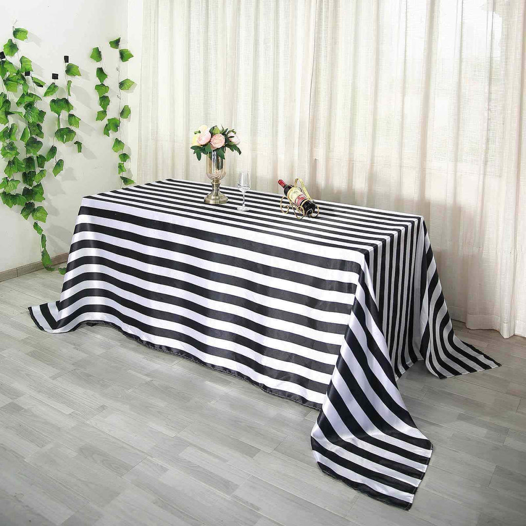 Satin Stripe Tablecloth 90"x156" Black/White | TableclothsFactory