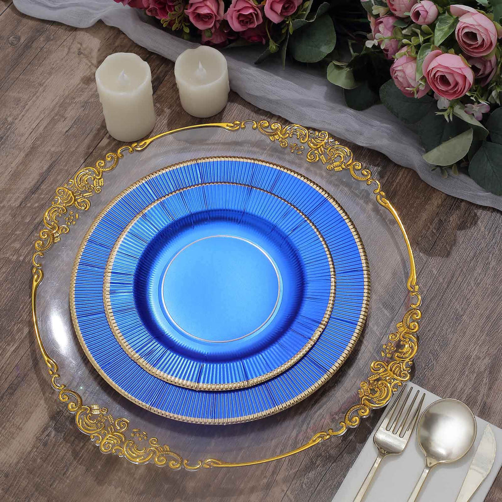 Sunray Paper 8" Salad Plates Royal Blue/Gold | TableclothsFactory