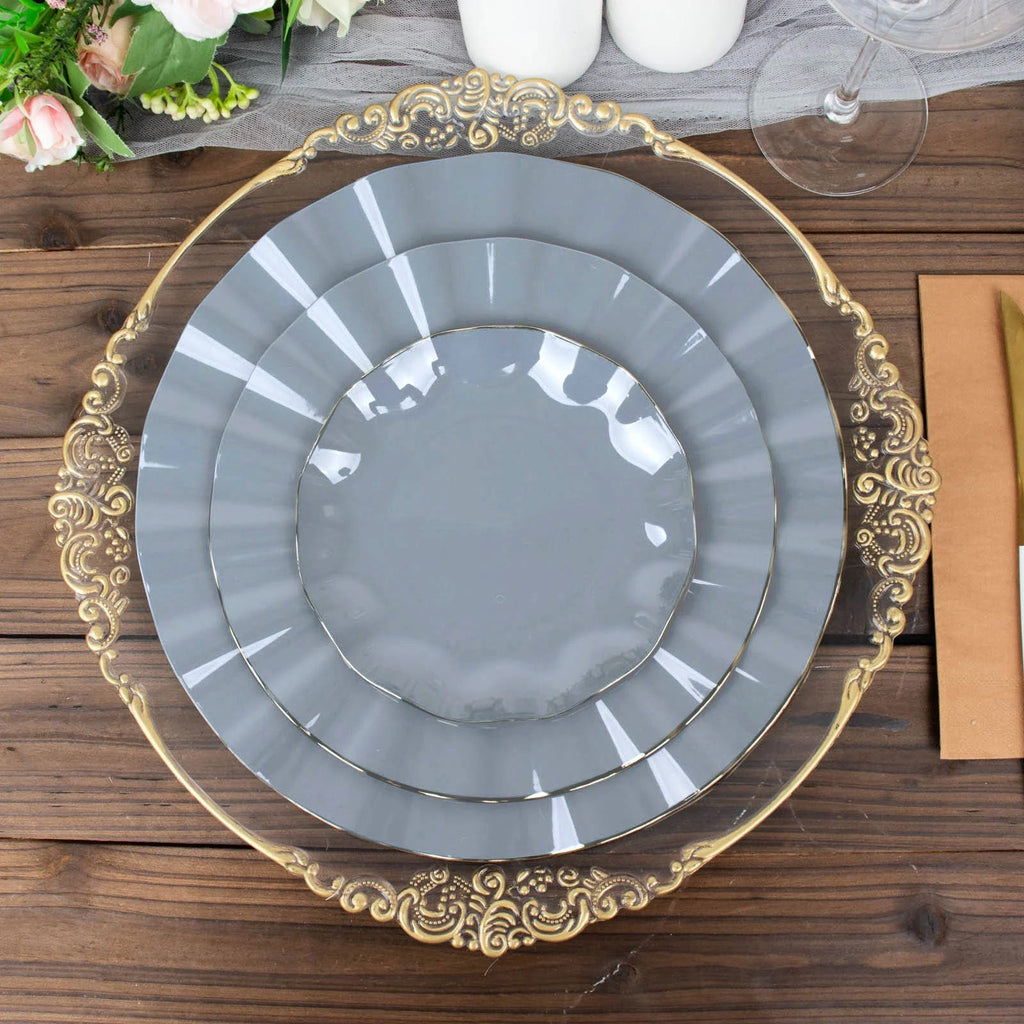 Ruffled Rim Plastic 9" Dinner Plates Dusty Blue/Gold | TableclothsFactory