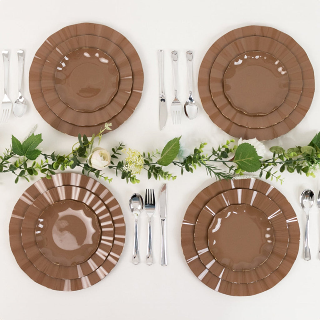 Ruffled Rim Plastic 6" Salad Plates Coffee Brown/Gold | TableclothsFactory