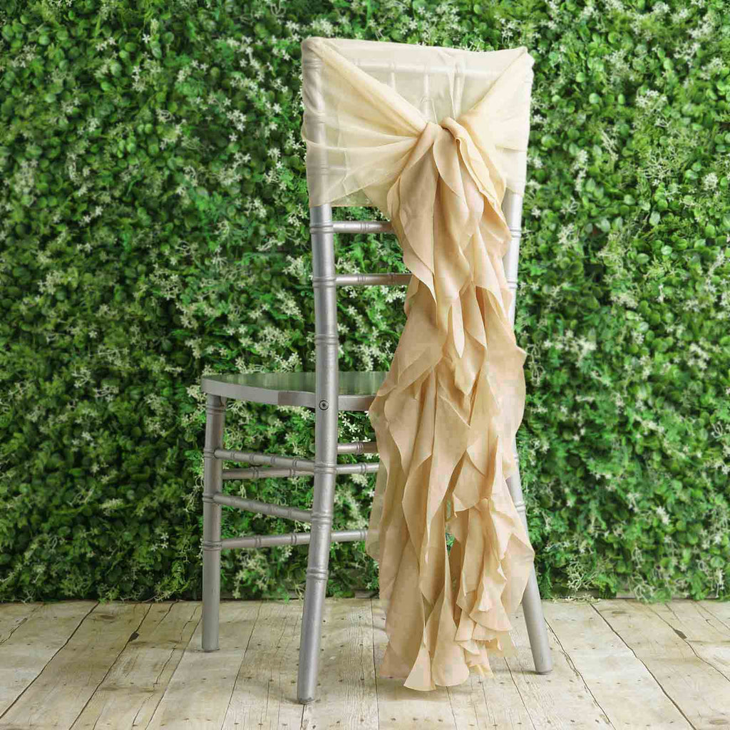Ruffled Chiffon Chair Sashes Champagne | TableclothsFactory