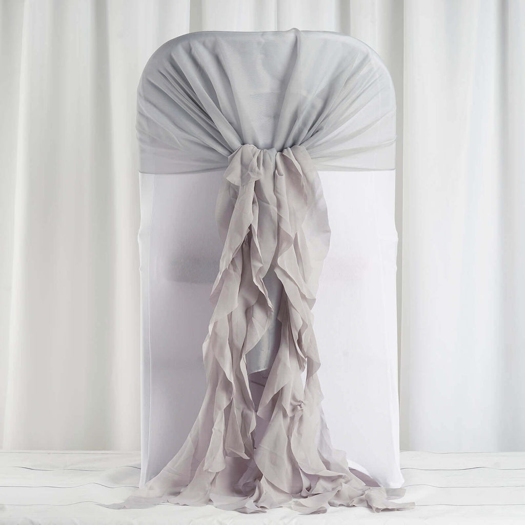 Ruffled Chiffon Chair Sashes Silver | TableclothsFactory