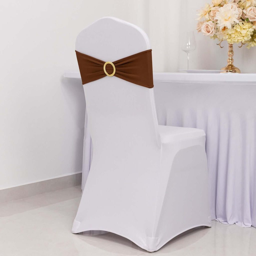Spandex Chair Sash 5"x14" Cinnamon Brown/Gold | TableclothsFactory