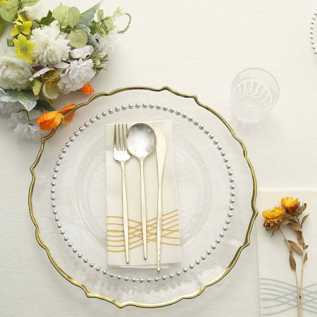 Beaded Rim Plastic 10" Dinner Plates Clear/Silver | TableclothsFactory