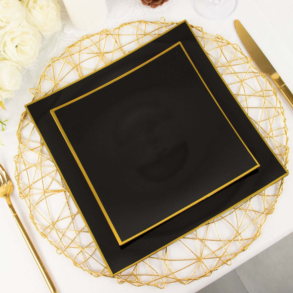 Concave Plastic 10" Square Dinner Plates Black/Gold | TableclothsFactory