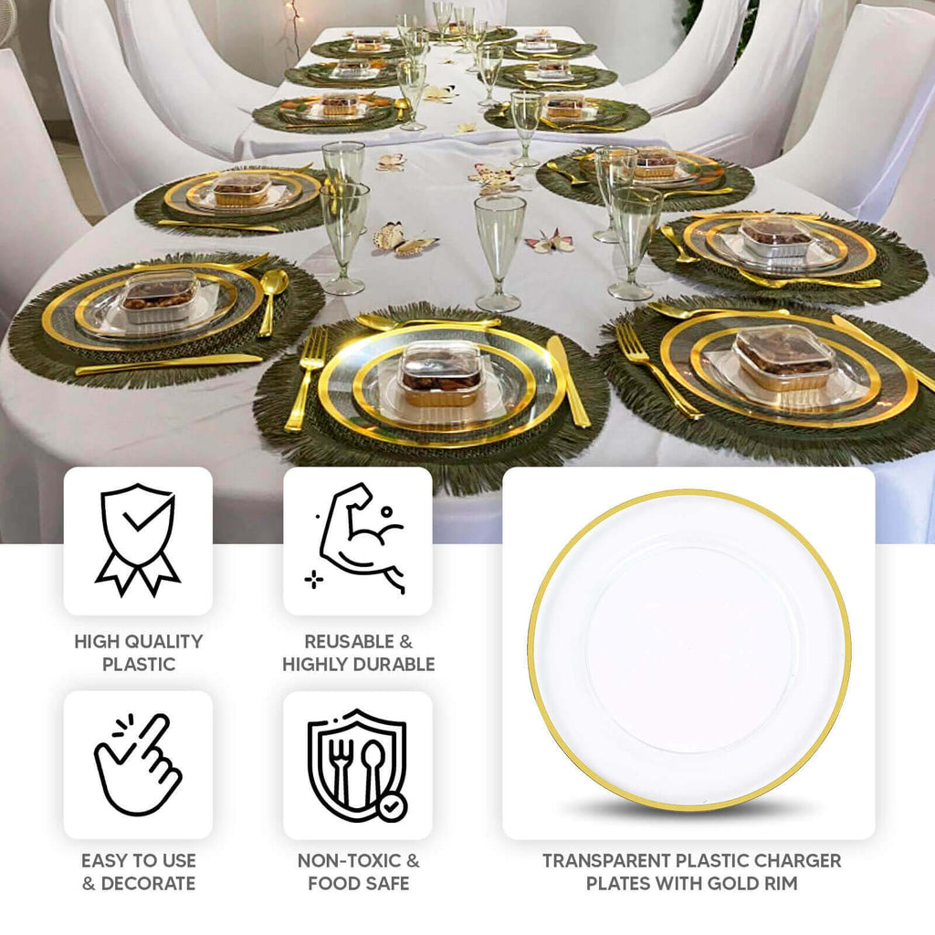 Clear/Gold Rim Economy Plastic Charger Plates | TableclothsFactory