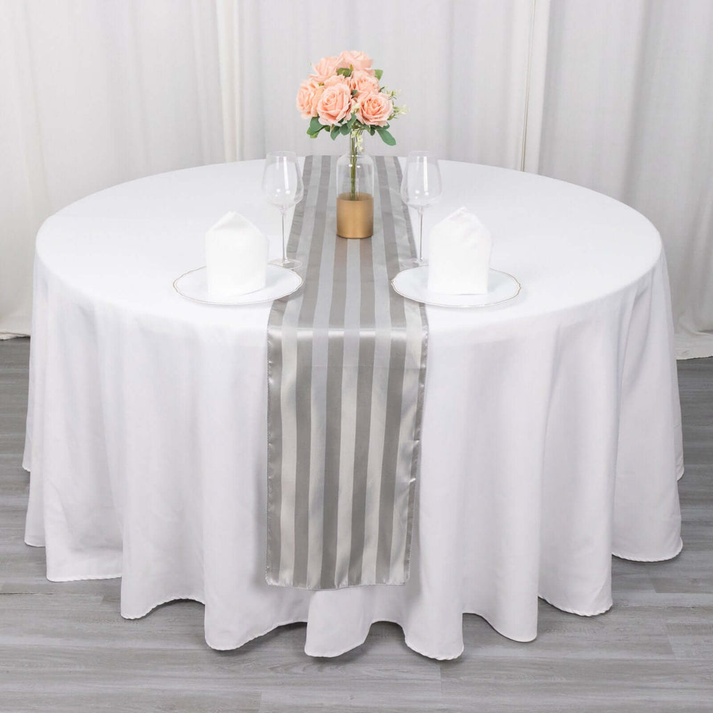 Satin Stripe Table Runner 12"x108" Silver | TableclothsFactory