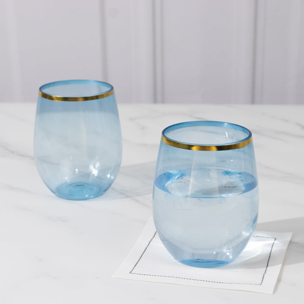 Dusty Blue Stemless Gold Rim Tumblers | TableclothsFactory