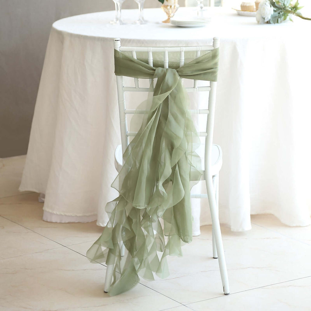 Ruffled Chiffon Chair Sashes Dusty Sage | TableclothsFactory