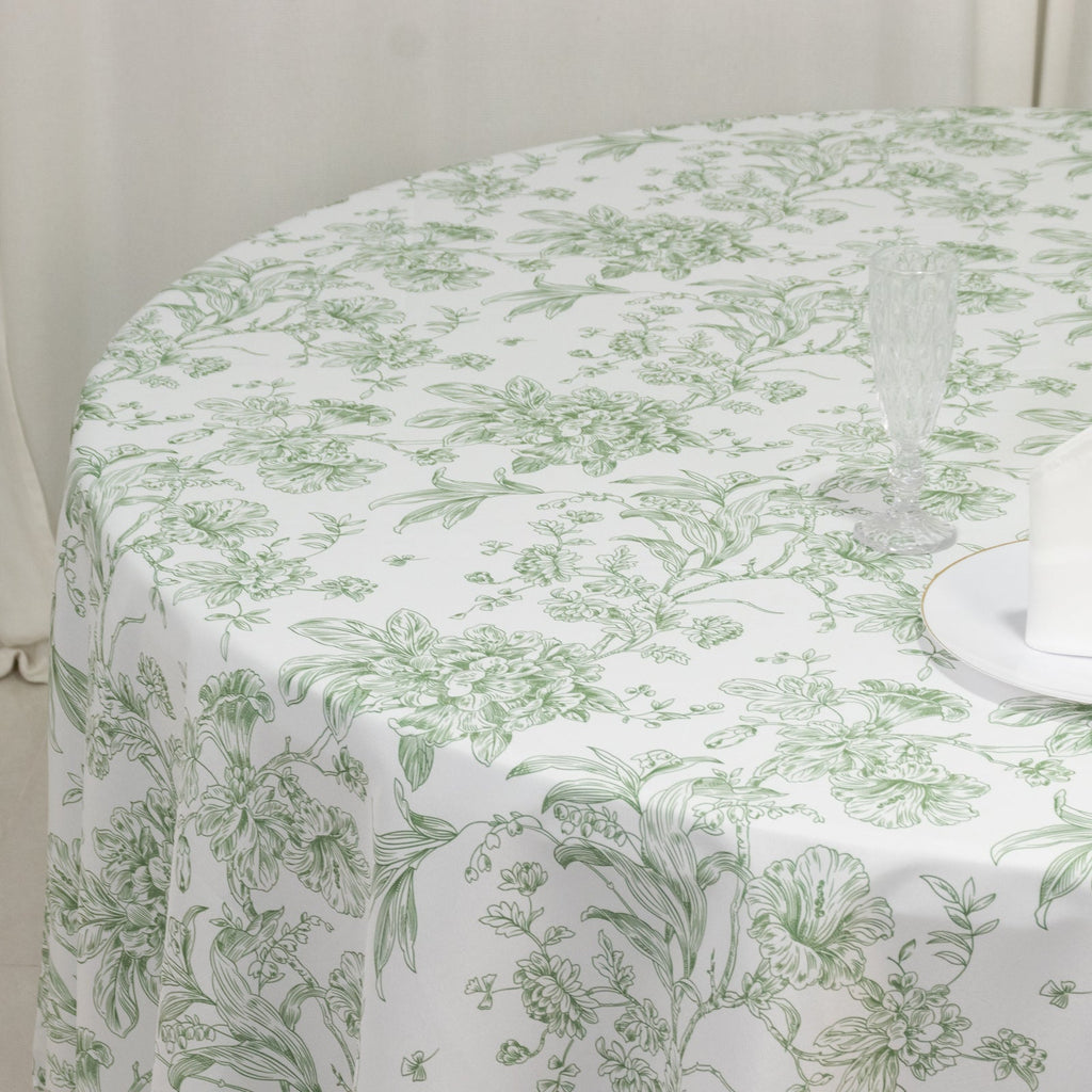 108" Sage Toile Polyester Tablecloth | Tableclothsfactory