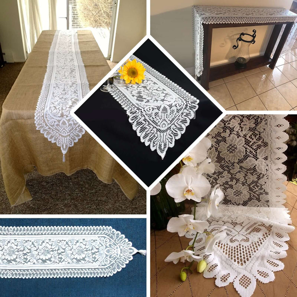 Lace Floral Table Runner 14"x108" White | TableclothsFactory