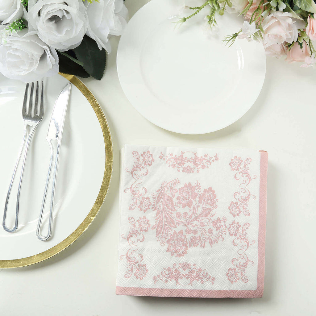 Damask Paper Napkins White/Pink | TableclothsFactory