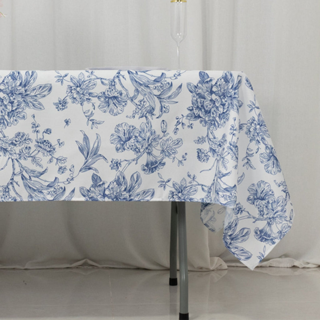 60x102 Blue Toile Polyester Tablecloth | Tableclothsfactory