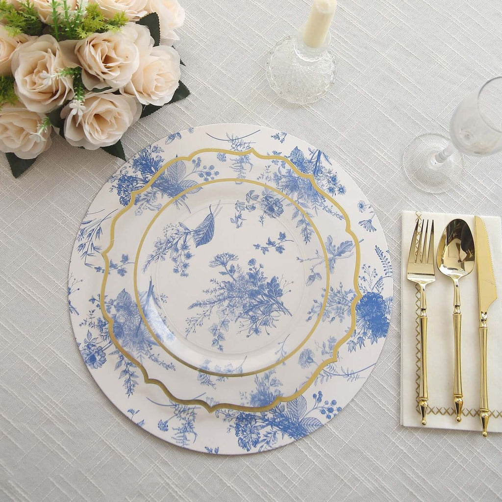 French Toile Paper Charger Plates White/Blue 13" | TableclothsFactory