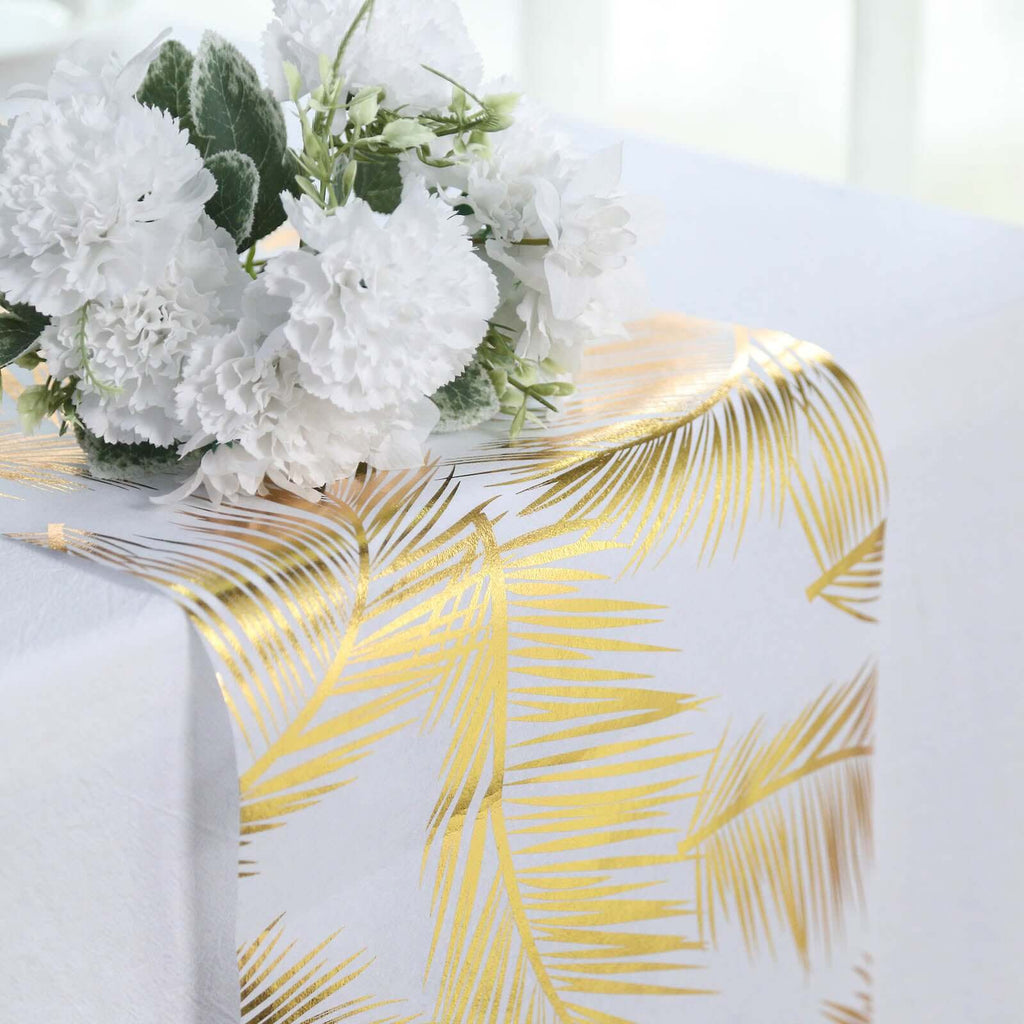 Disposable Table Runner 108" Gold Palm Leaves | TableclothsFactory