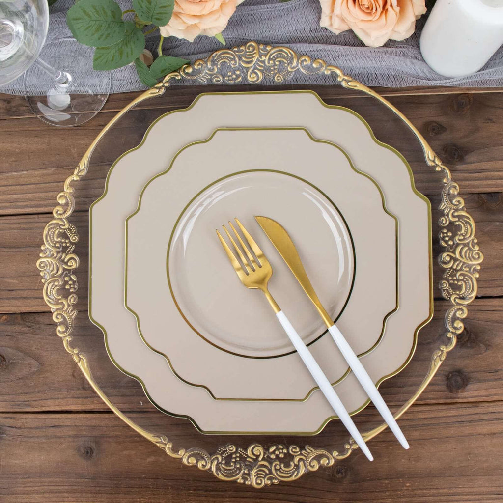 Baroque Plastic 8" Salad Plates Taupe/Gold | TableclothsFactory