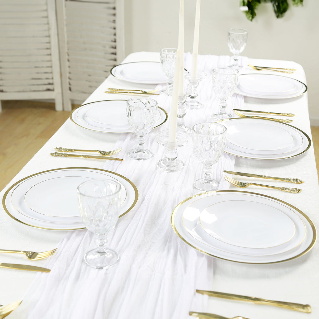 White/Gold Rim Economy Plastic Charger Plates | TableclothsFactory