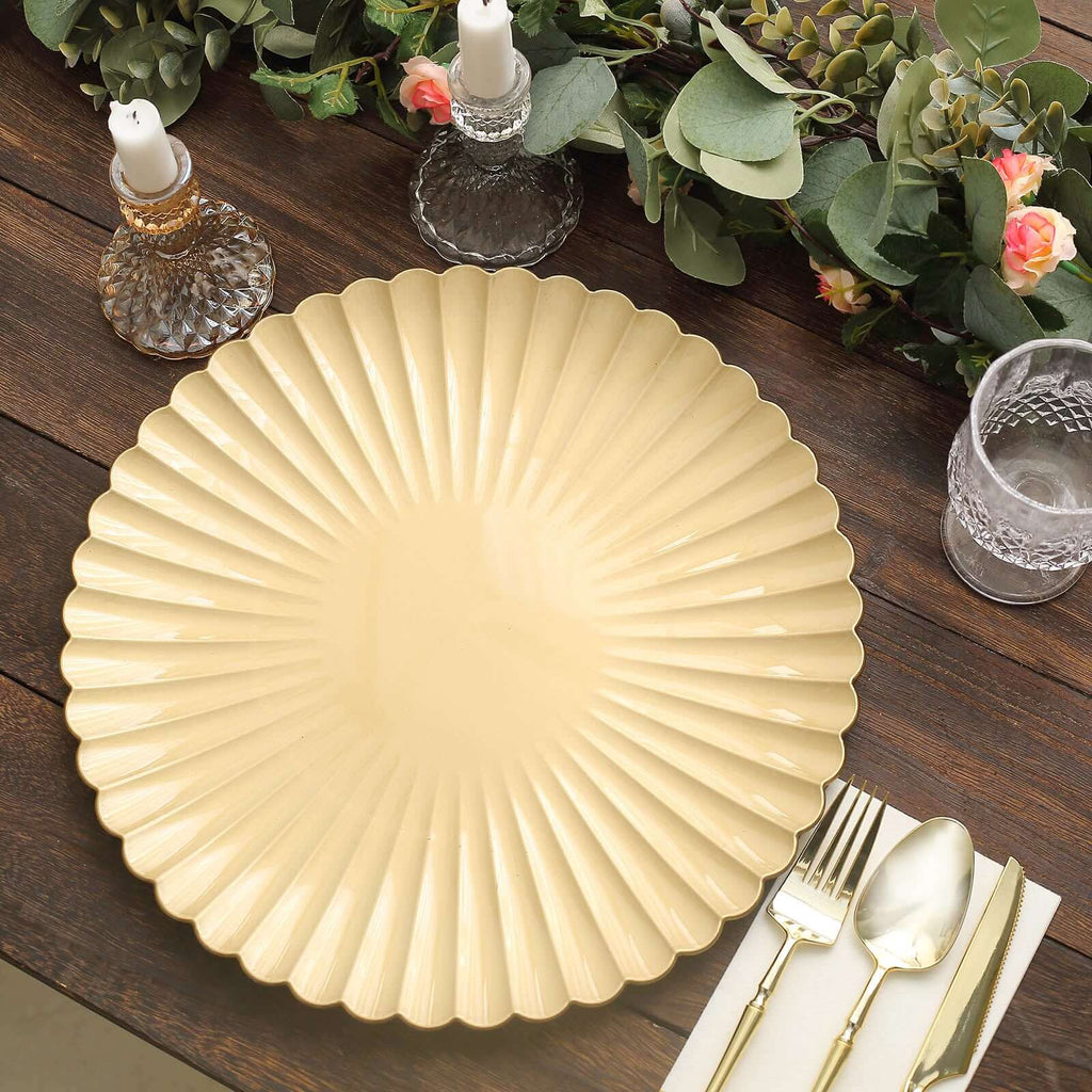 Gold Scalloped Shell Plastic Charger Plates | TableclothsFactory