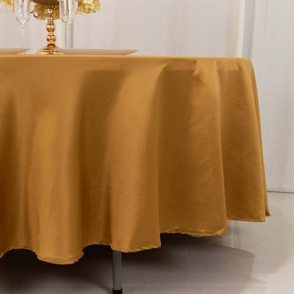 Lamour Satin Round Tablecloth 108" Gold | TableclothsFactory