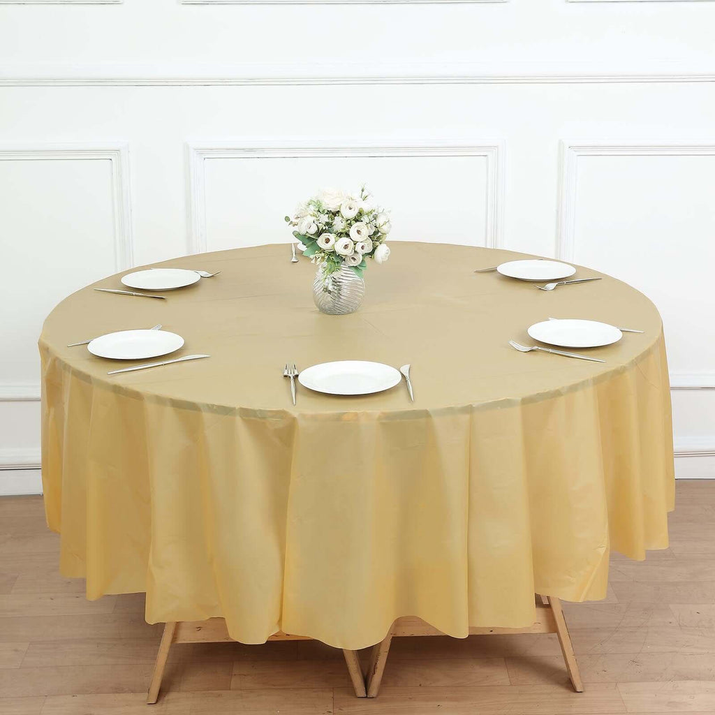 Plastic Round Table Covers 84" Gold | TableclothsFactory