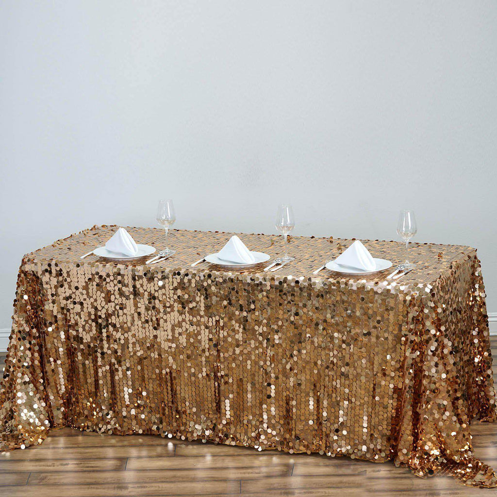 Big Payette Sequin Tablecloth 90"x132" Gold | TableclothsFactory