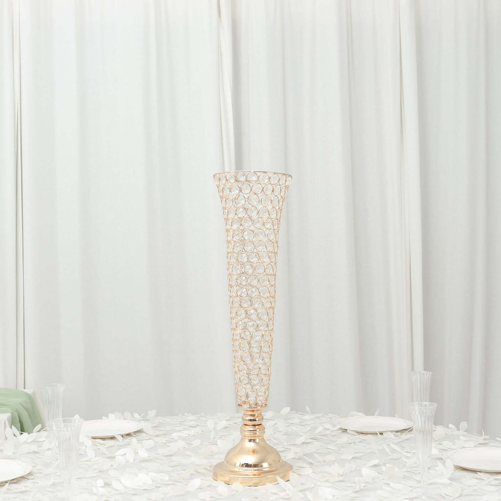 Gold Crystal Beaded Trumpet Vase 2 Pack 28" | TableclothsFactory