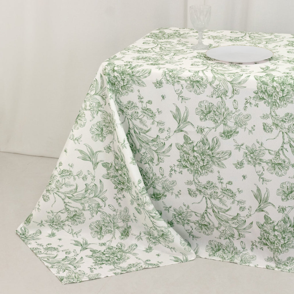 90x156 Sage Toile Polyester Tablecloth | Tableclothsfactory